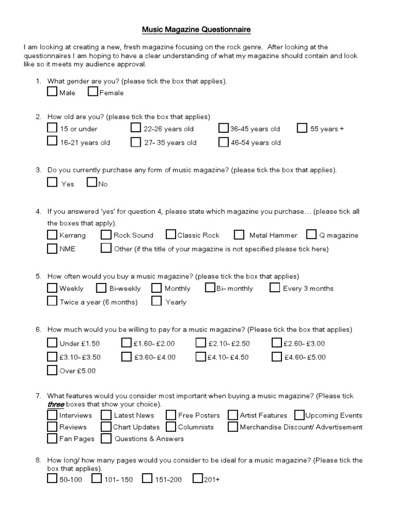 Music Magazine Questionnaire: Three | PDF | Leisure | Entertainment ...