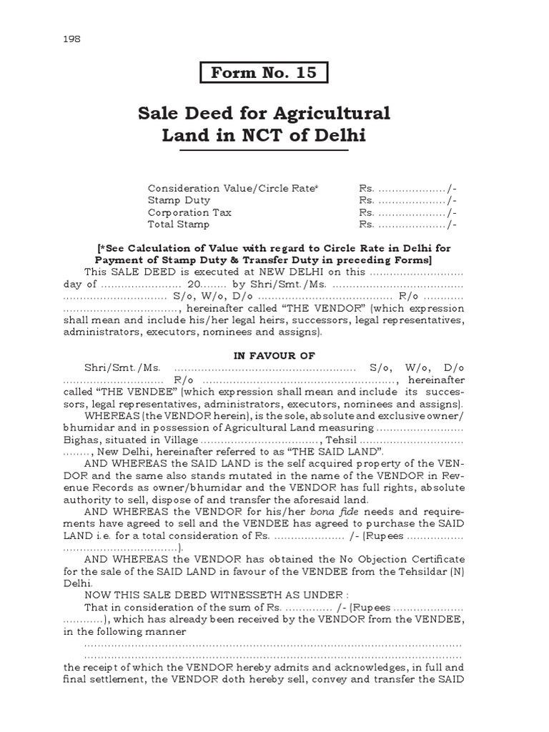 Sale Deed For Agricultural Land in NCT of Delhi: Form No. 15 | PDF ...
