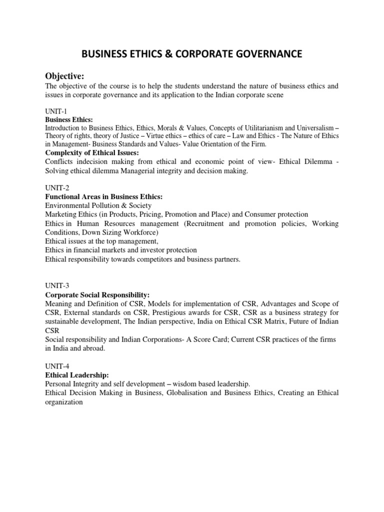 Business Ethics & Corporate Governance: Objective | PDF | Corporate ...