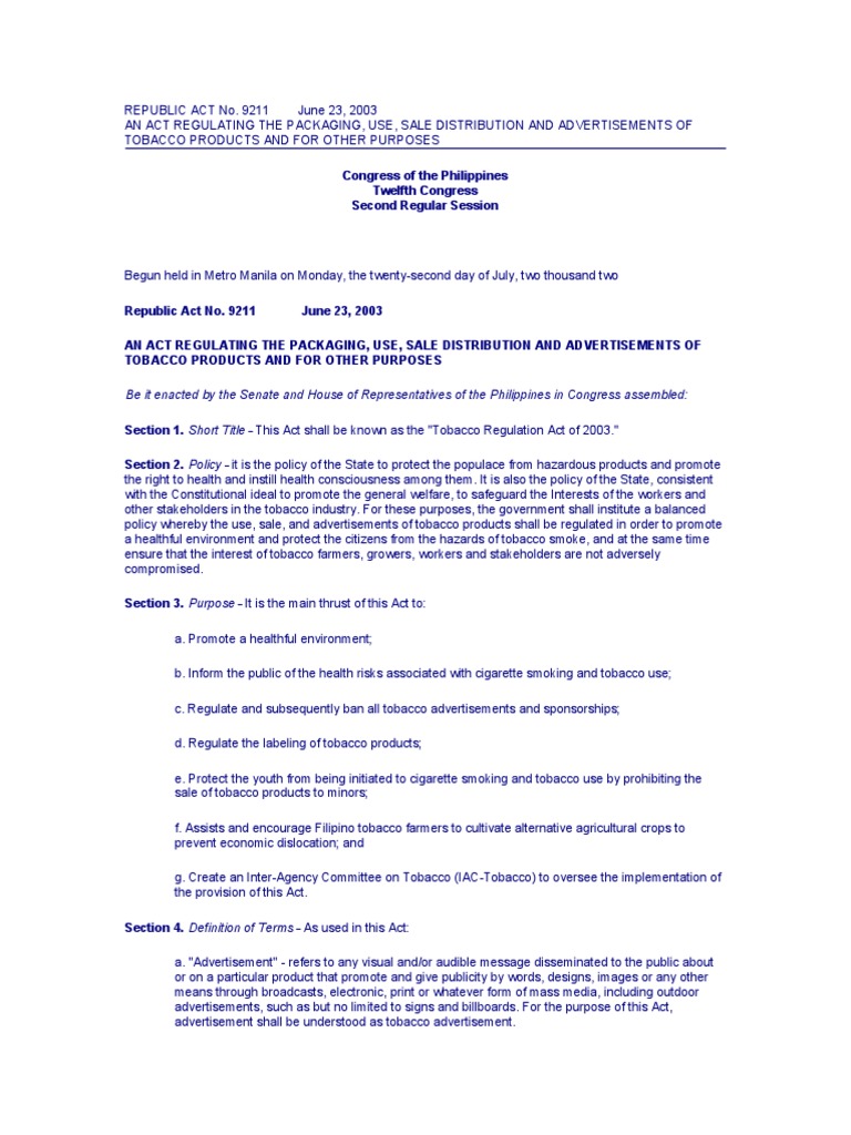 RA 9211-Smoking Law | PDF | Cigarette | Advertising