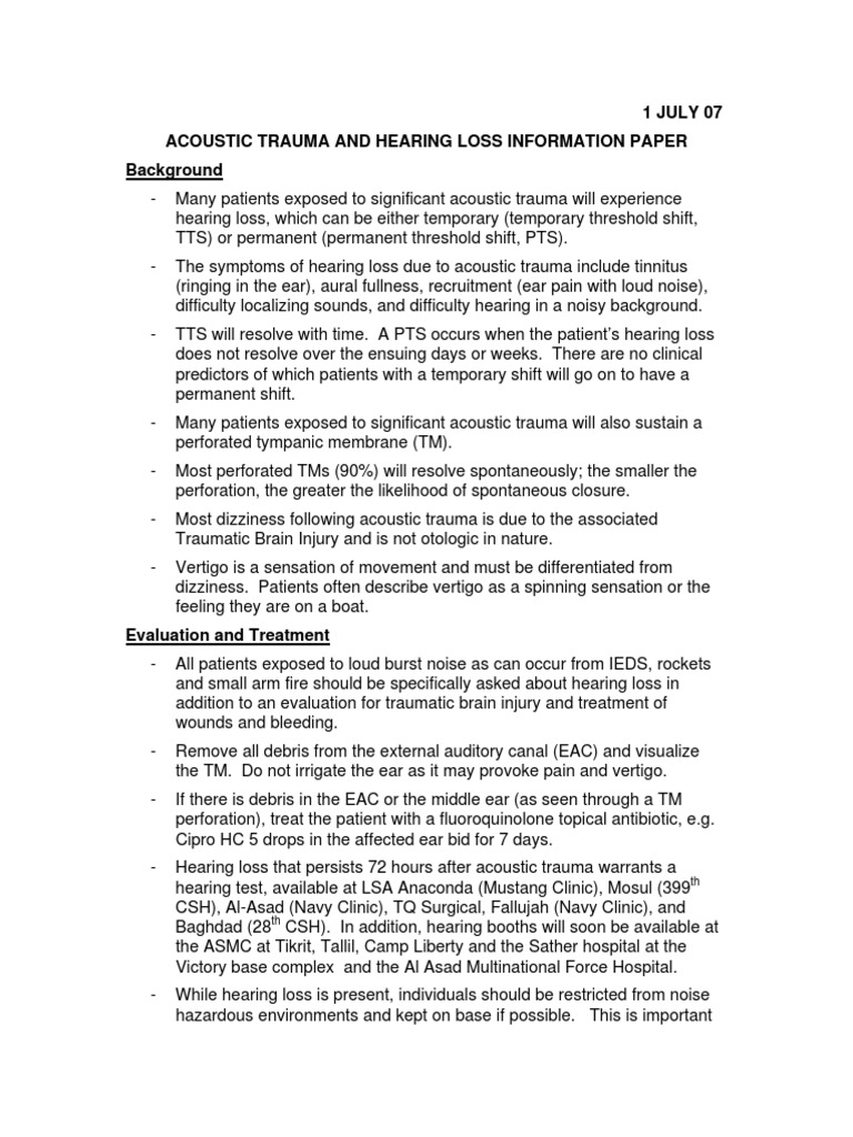 Acoustic Trauma and Hearing Loss Information Paper 21 Jul 07 | PDF ...