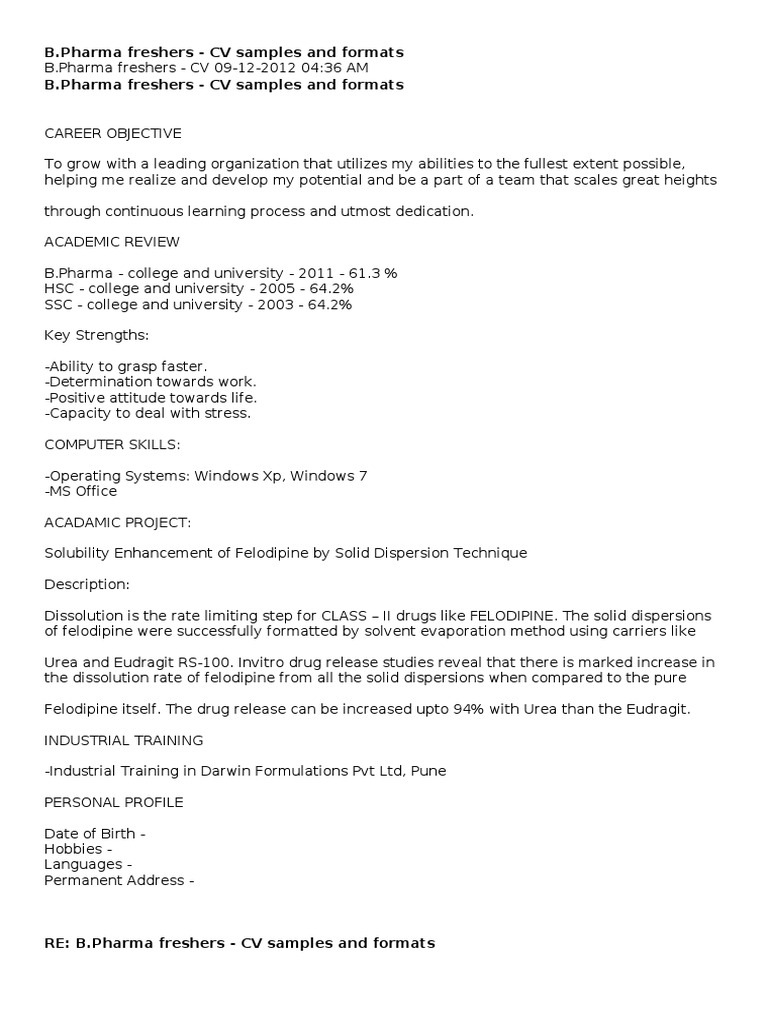 B.Pharma Freshers - CV Samples and Formats B.Pharma Freshers - CV ...