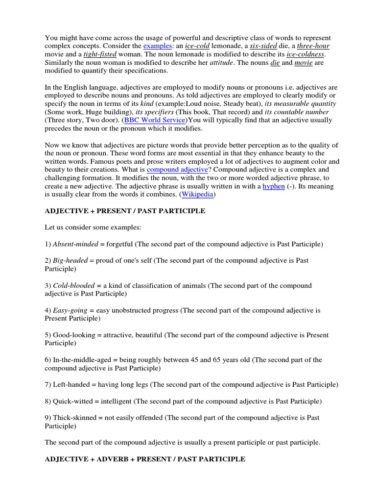 Examples: Adjective + Present / Past Participle | PDF | Adjective | Noun