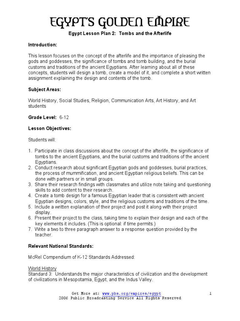 Egypt Lesson Plan 2: Tombs and The Afterlife: Get More At: 2006 Public ...