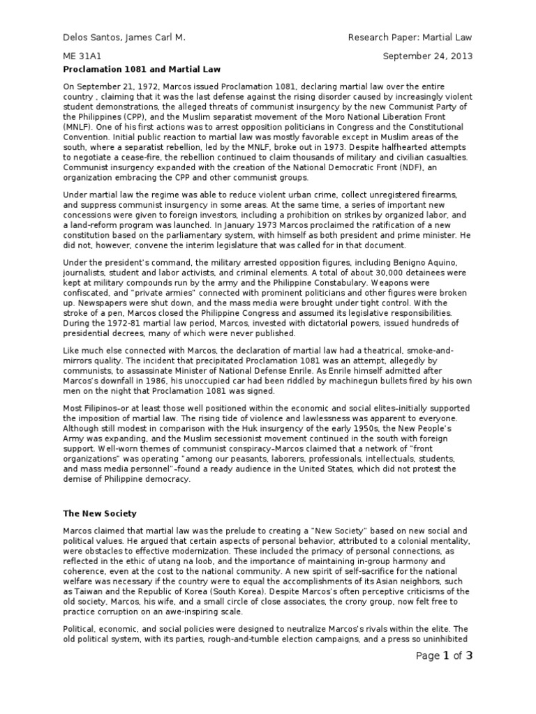 Delos Santos, James Carl M. Research Paper: Martial Law ME 31A1 ...