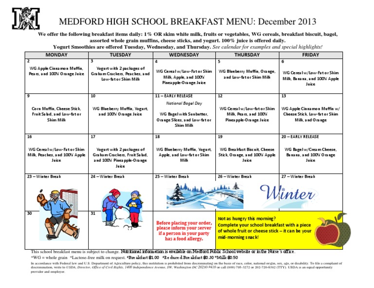 High School Breakfast Menu December 2013 | PDF | Juice | Diet & Nutrition