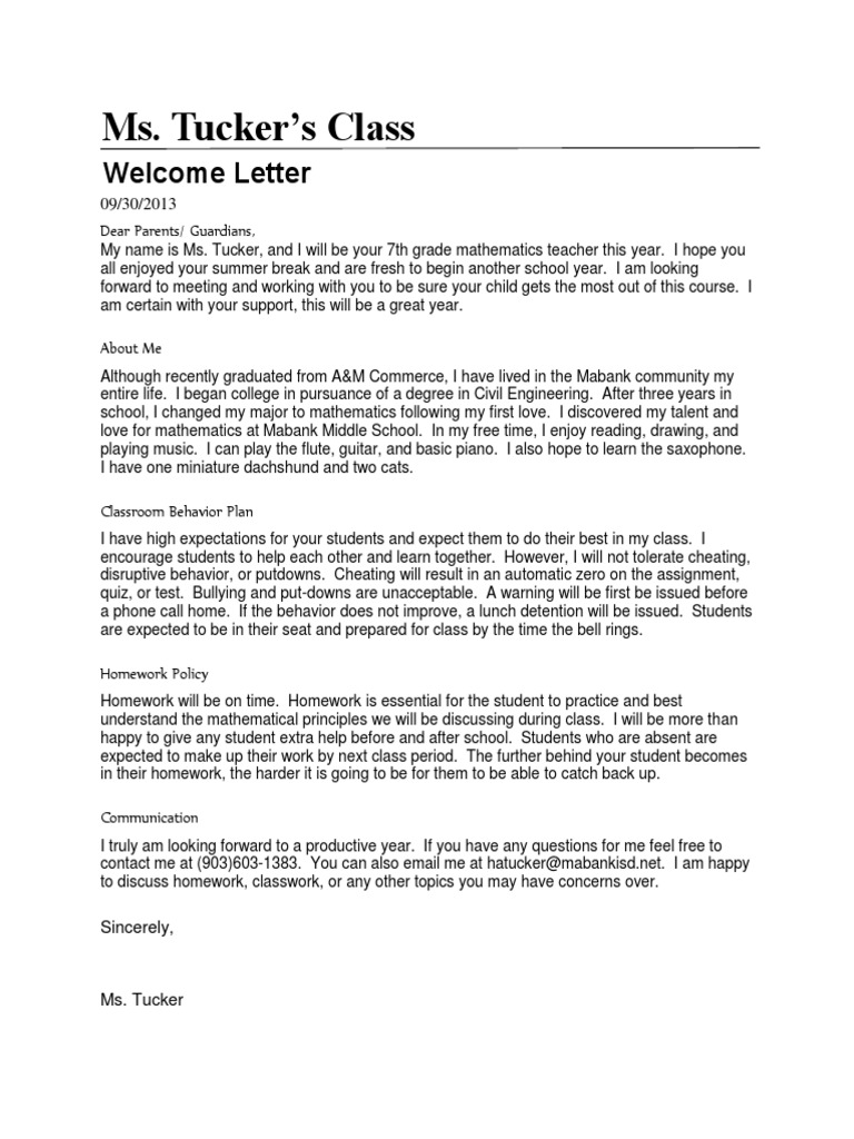 Ms. Tucker's 7th Grade Math Welcome Letter | PDF