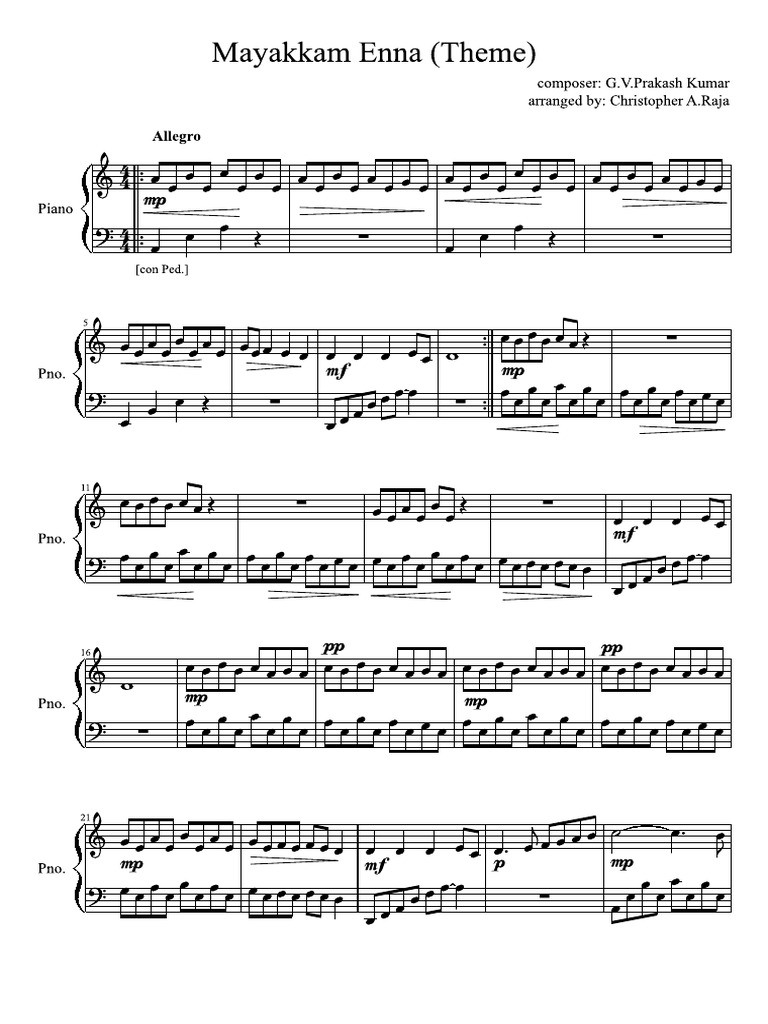 Mayakkam Enna Theme (Piano-Sheet Music) | PDF | Tamil Cinema | Cinema ...