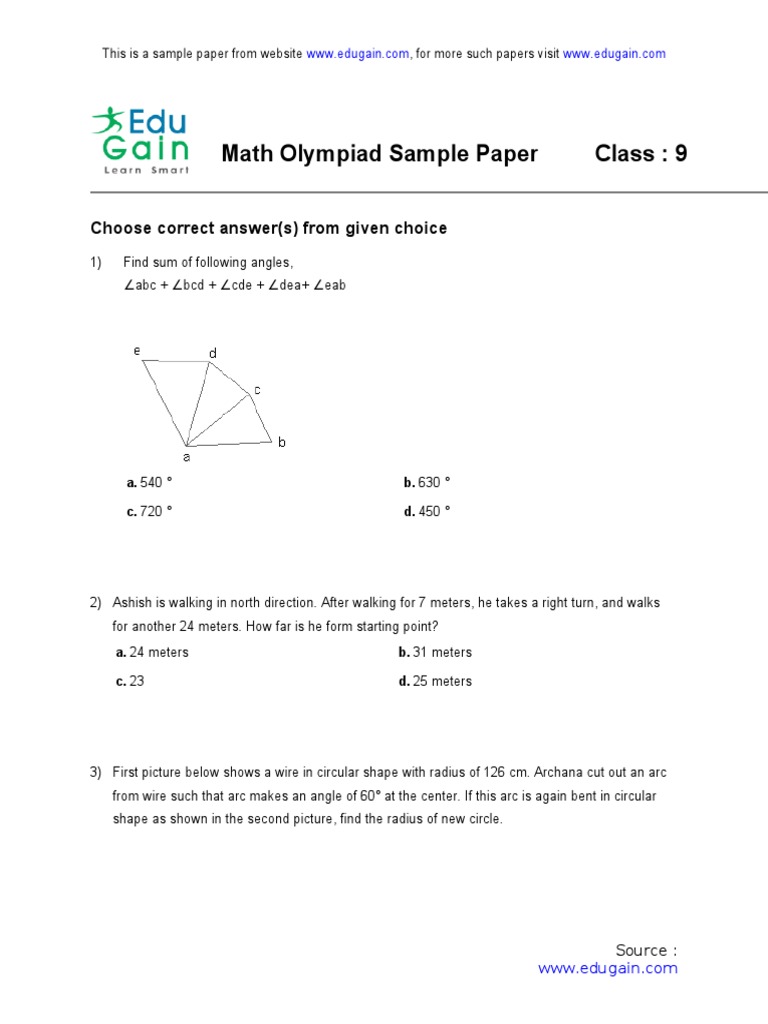 Class 7 Maths Olympiad Practice Problems - EduGain | Metre | Space