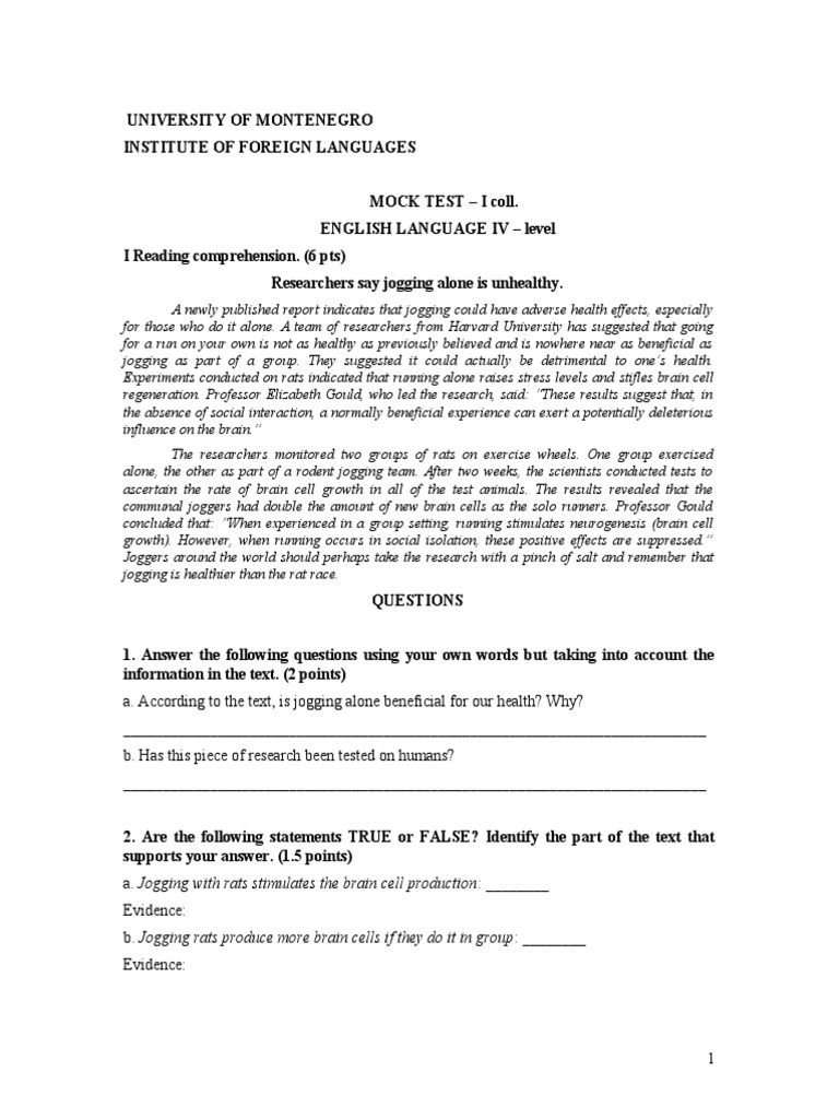 University of Montenegro-Mock Test IV Level | PDF | Brain | Syntax