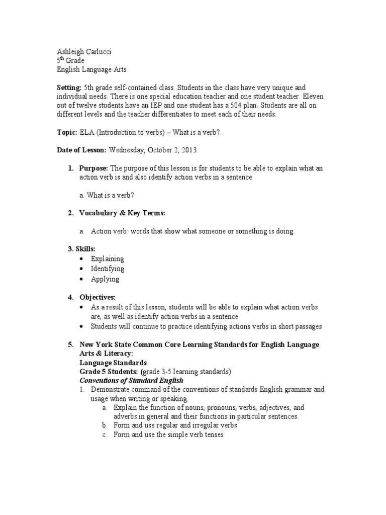 5th Grade ELA Lesson: Intro to Verbs | PDF | English Language | Languages