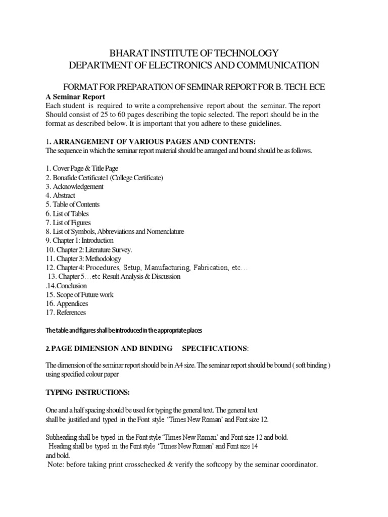 Format For Preparation of Seminar Report For B | PDF | Typefaces ...