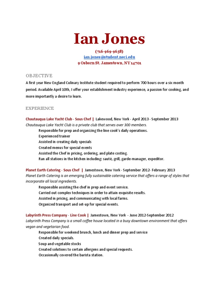 Culinary Student Resume: Ian Jones | PDF | Cooking, Food & Wine