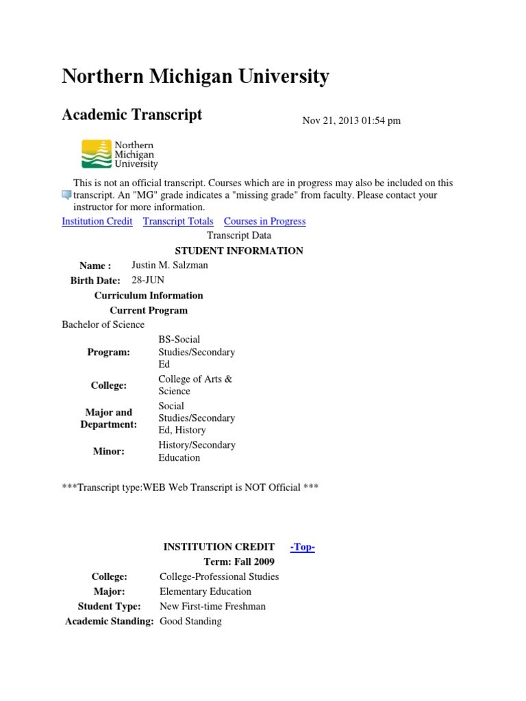 Unofficial Transcript | PDF | Course Credit | Grading (Education)
