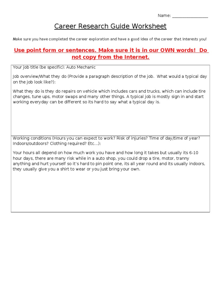 Auto Mechanic Career Research Guide | PDF | Business