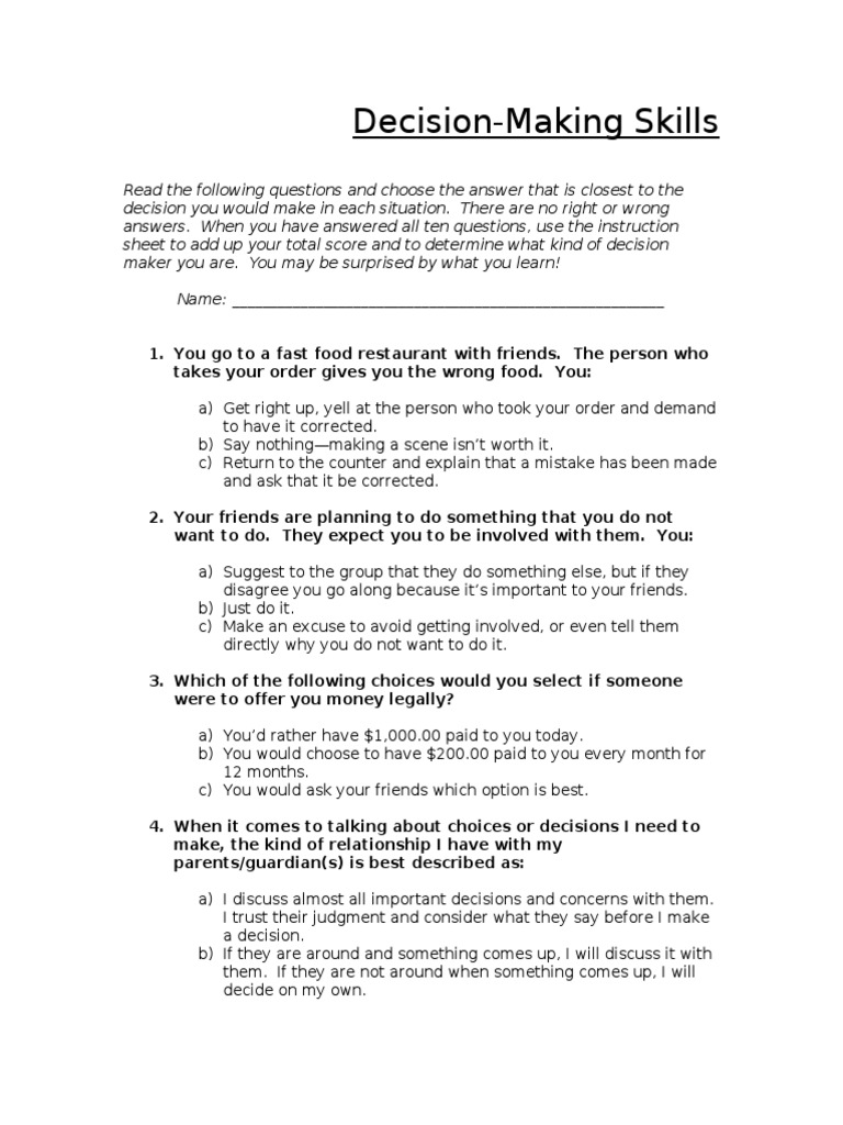 Decision Making Skills Questionnaire | PDF | Decision Making