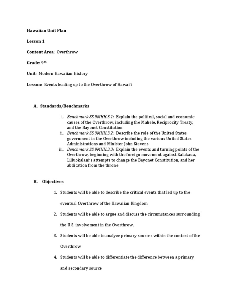 Hawaiianunitplan | PDF | Kingdom Of Hawaii | Lesson Plan
