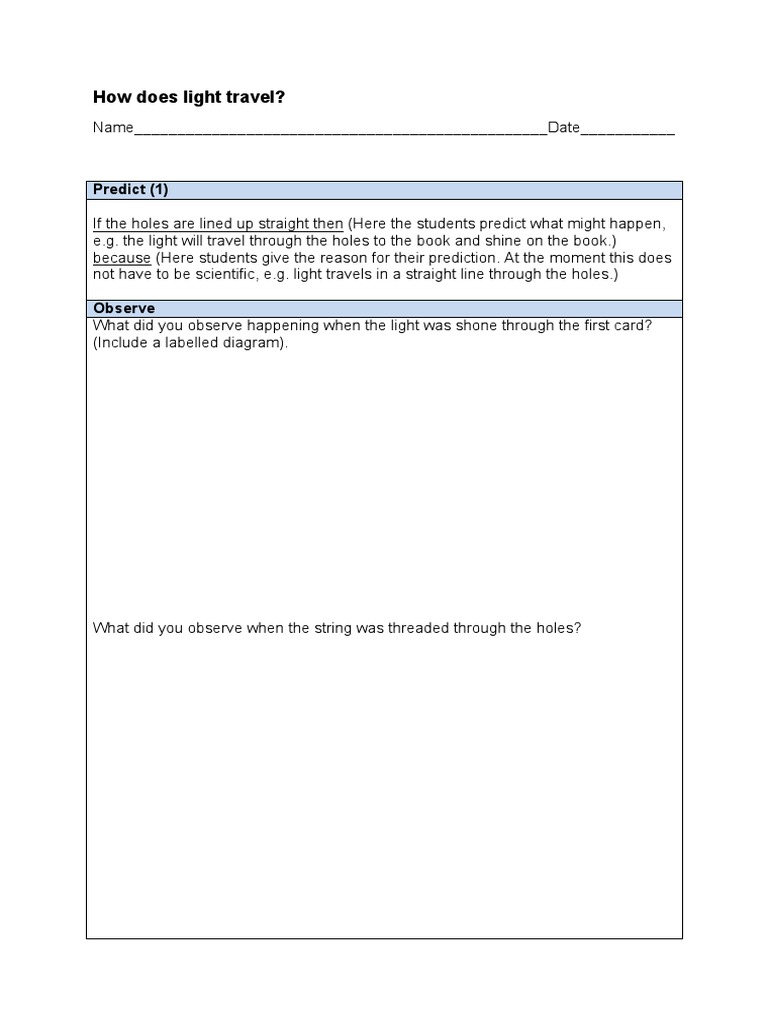 Worksheet How Does Light Travel Answers | PDF | Prediction | Line ...