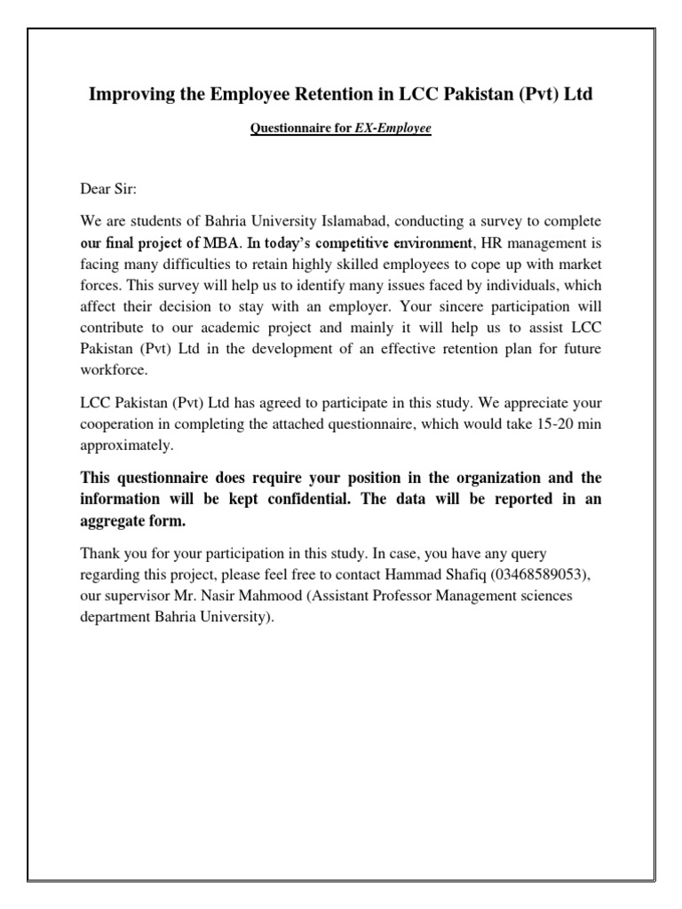 Questionnaire Ex Employee | PDF | Employee Retention | Employment