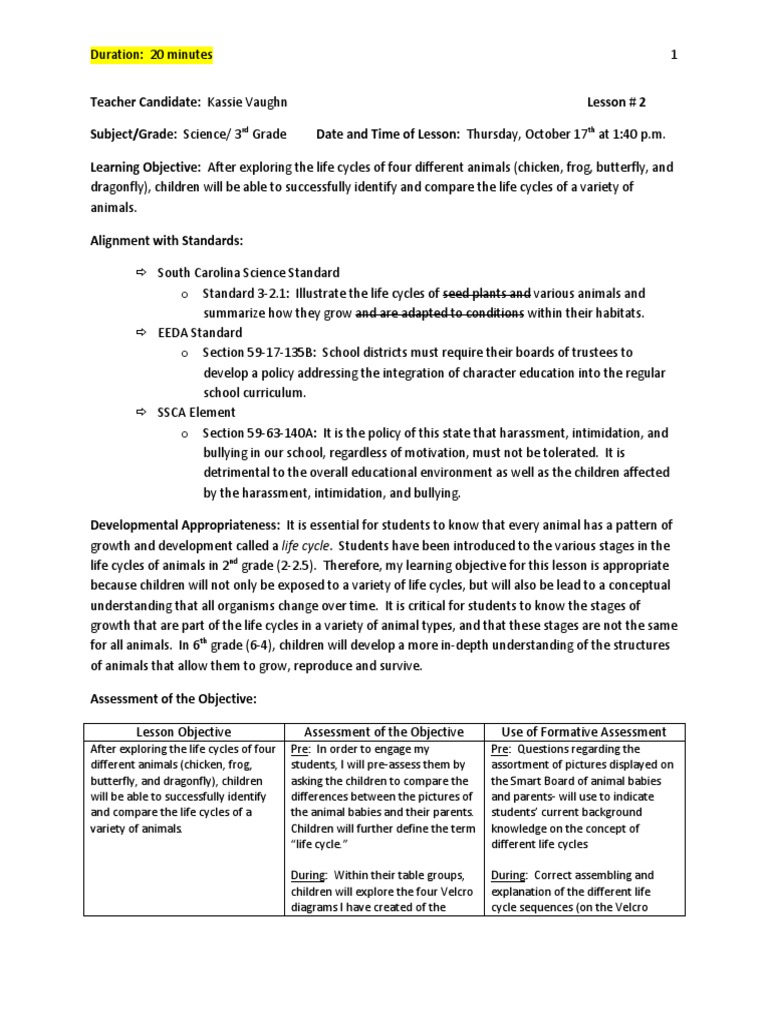 Lesson Plan 2 Animal Life Cycles - Clinical 429 | PDF | Educational ...