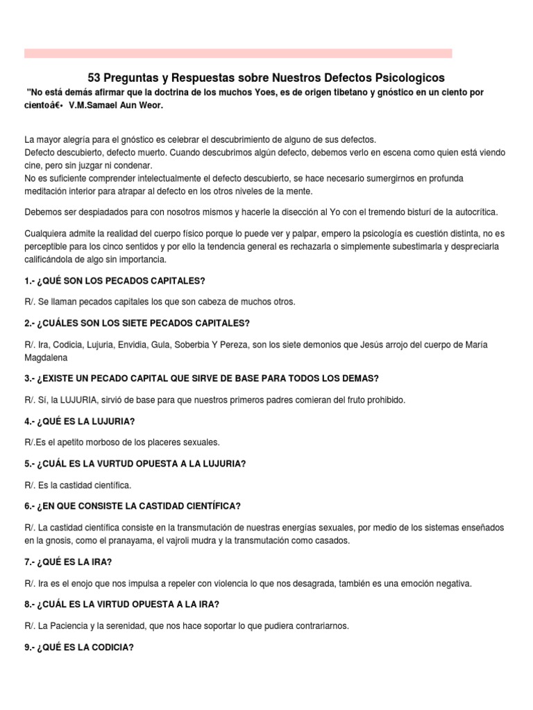 53 Preguntas y Respuestas Sobre Nuestros Defectos Psicologicos | PDF ...