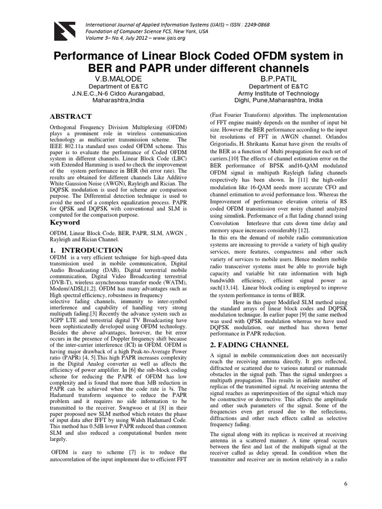 Performance of Linear Block Coded OFDM System in BER and PAPR Under Different Channels | PDF ...