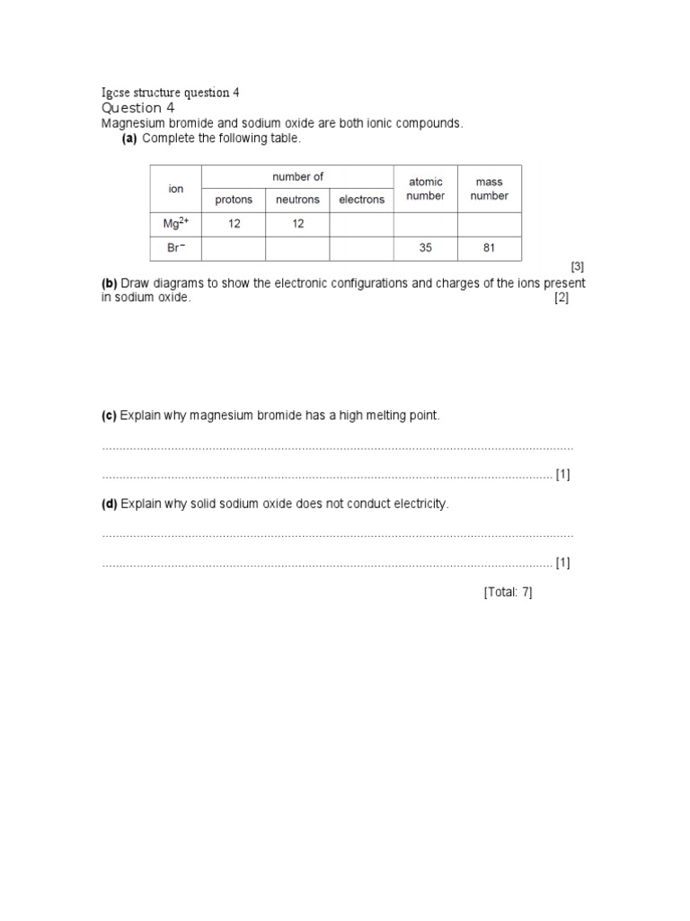 Igcse Structure Question 4: (A) Complete The Following Table | PDF ...