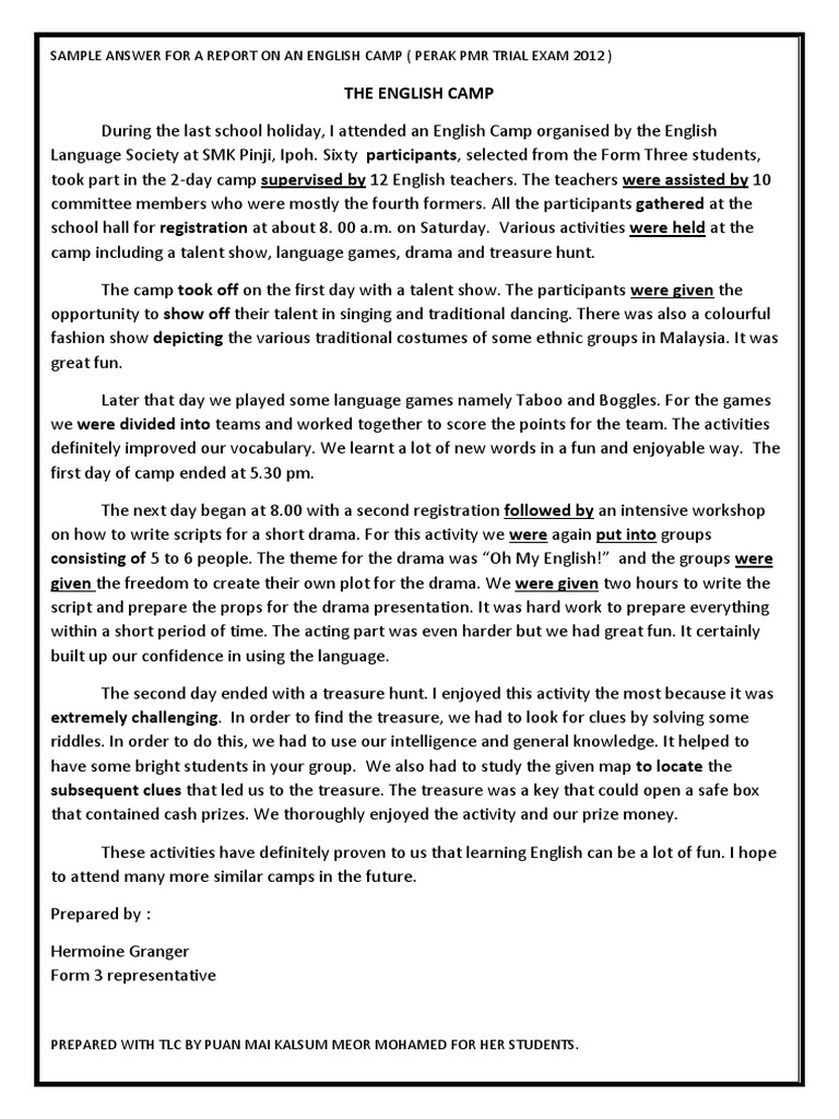 English Camp Report Sample PMR Trial Exam 2012 | PDF | English Language ...