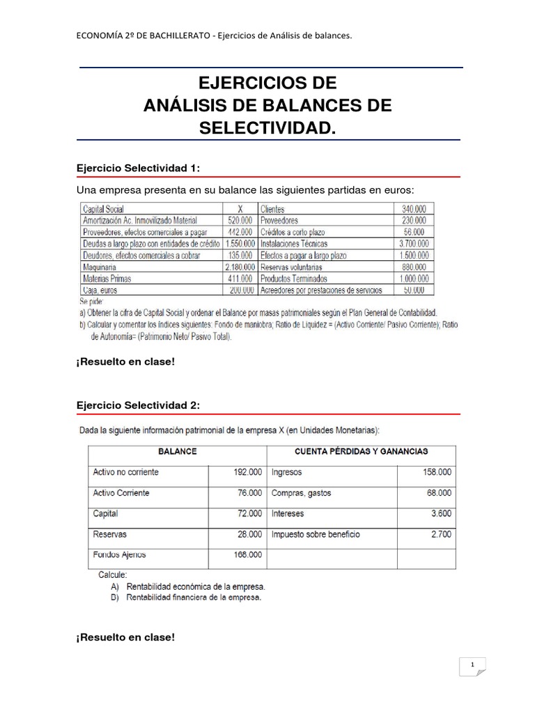 EJERCICIOS ANÁLISIS DE BALANCES-Selectividad | Capital de trabajo | Hoja de balance