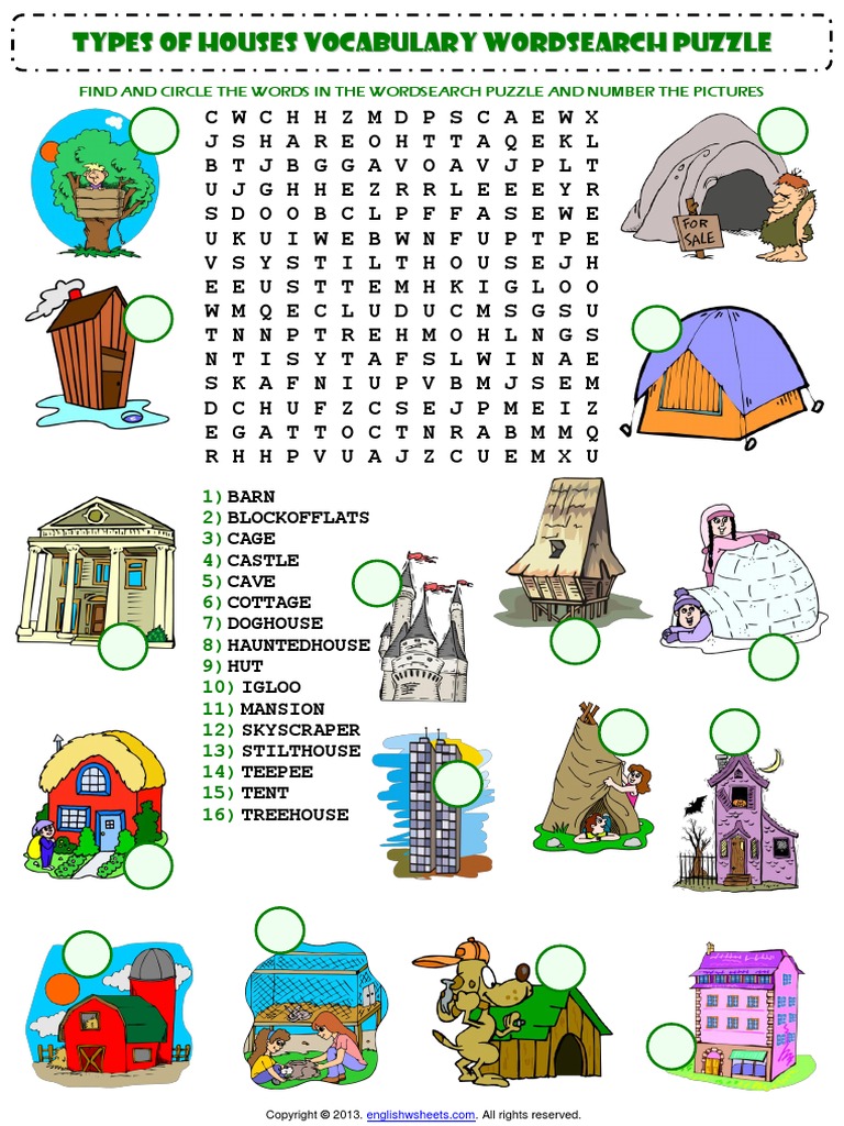 Home House Types Wordsearch Puzzle Vocabulary Worksheet | PDF