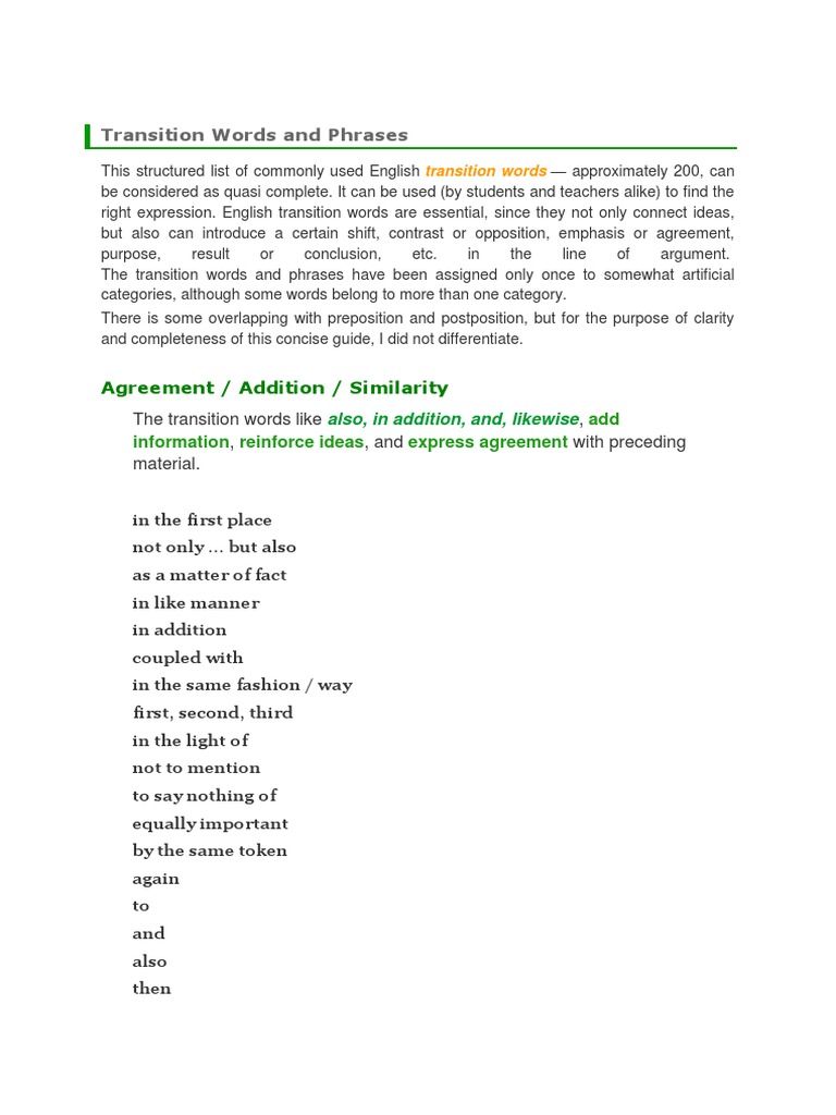 Transition Words and Phrases: Agreement / Addition / Similarity | PDF ...