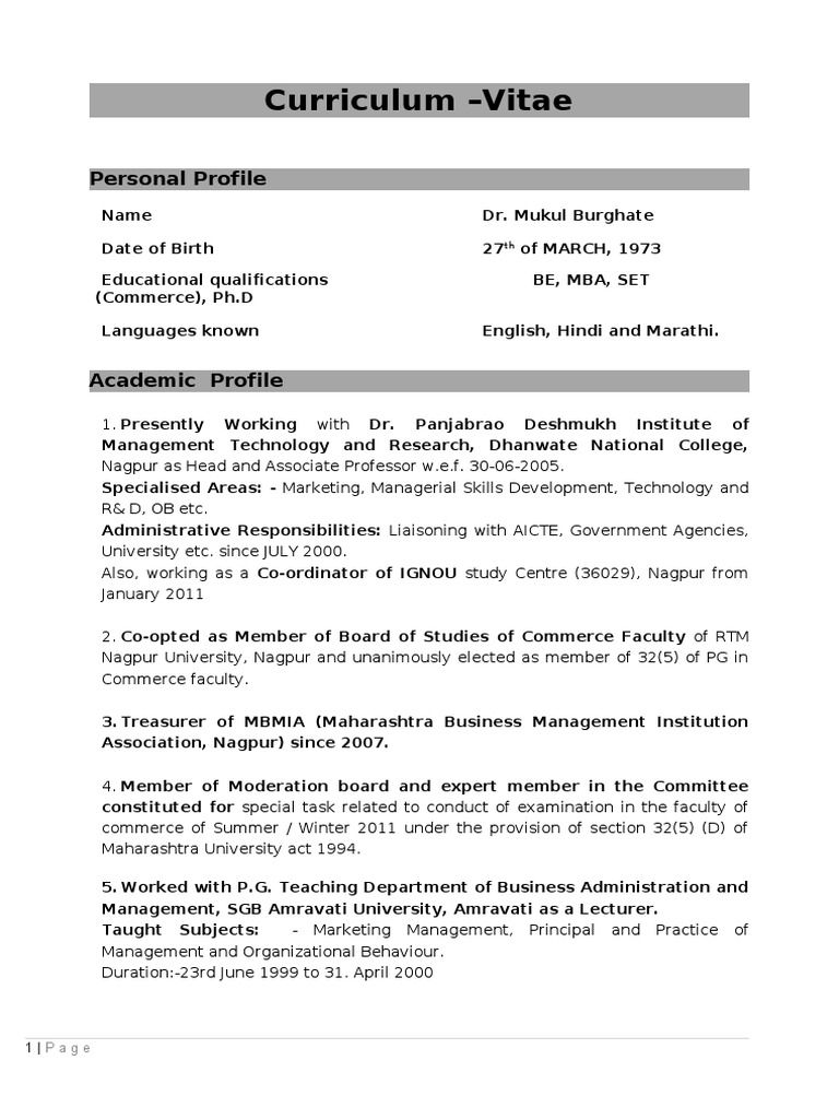 Curriculum - Vitae DR Mukul Burghate Bio-Data | PDF