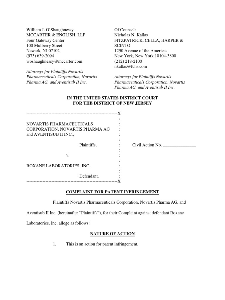 Novartis Pharmaceuticals Et. Al. v. Roxane Laboratories | PDF
