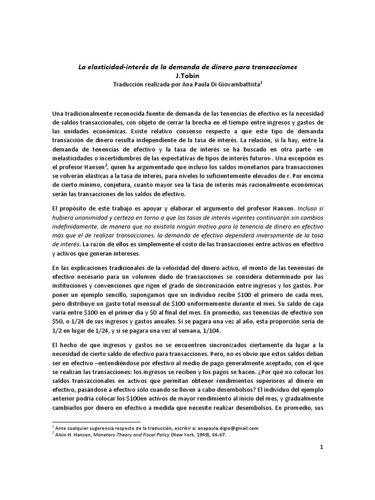 Traduccion Tobin 1956 The Interest Elasticity of Transactions Demand ...