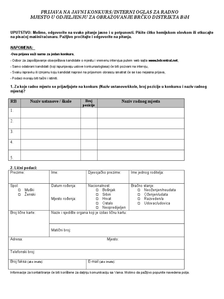 Obrazac-Prijava Na Javnim Konkurs-Interni Oglas Za Radno Mjesto U Odjeljenju Za Obrazovanje-Ba ...