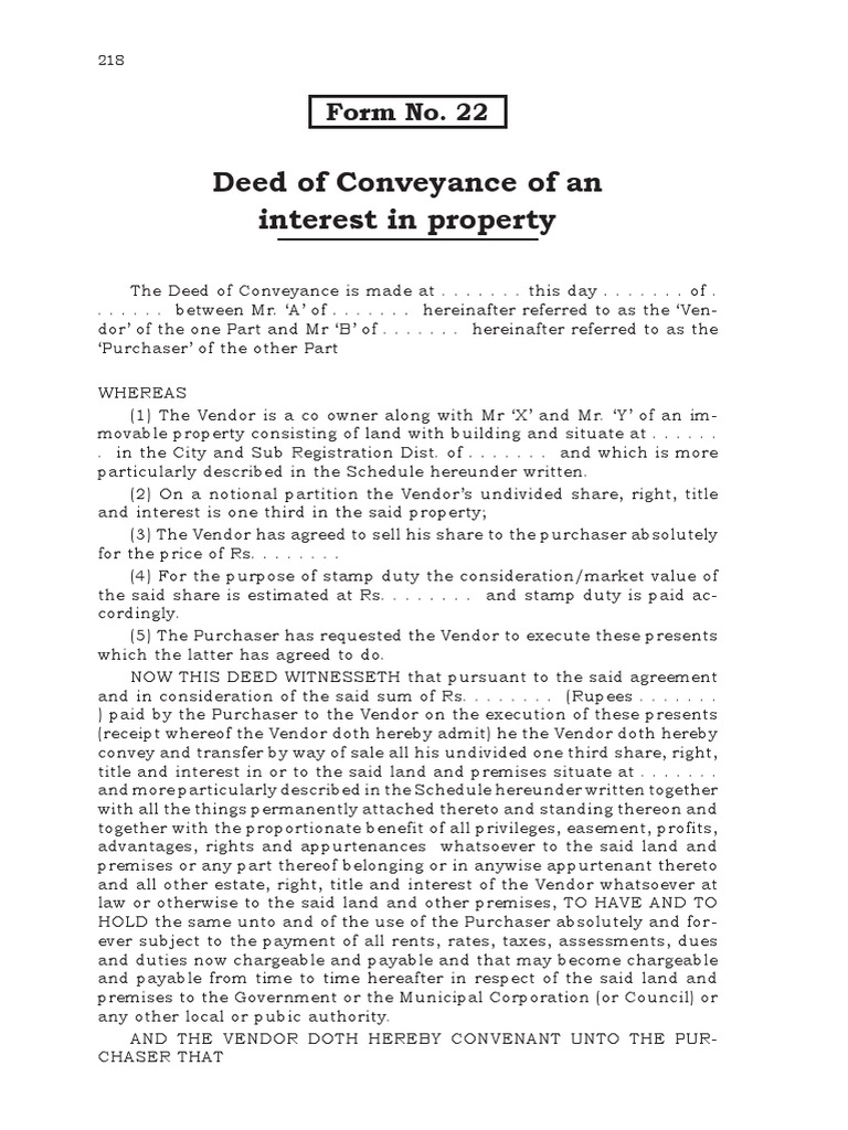 Deed of Conveyance of An Interest in Property: Form No. 22 | PDF | Deed ...