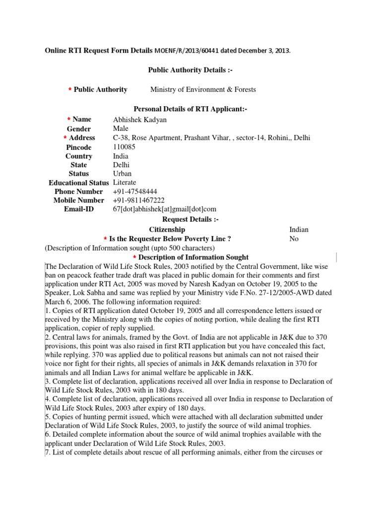 RTI Petition of Abhishek Kadyan About Wild Animal Trophies and Animal ...