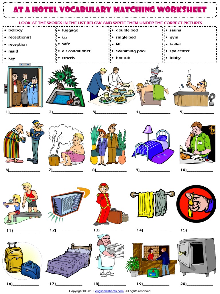 At A Hotel Vocabulary Matching Exercise Worksheet | PDF | Hygiene ...