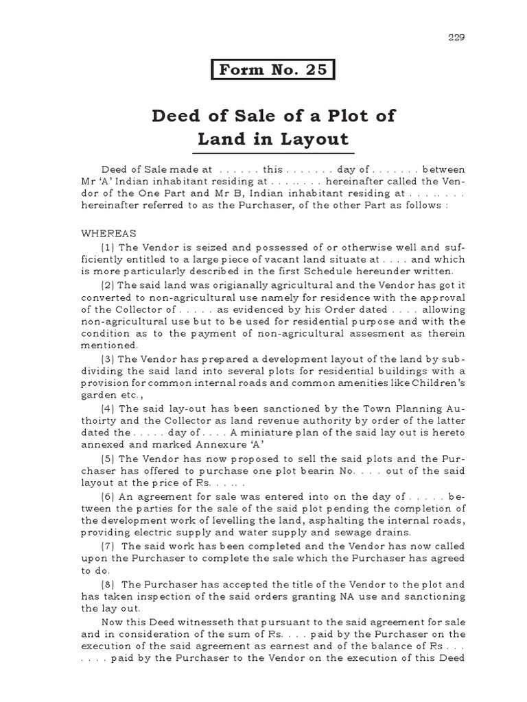 Deed of Sale of A Plot of Land in Layout: Form No. 25 | PDF | Deed ...