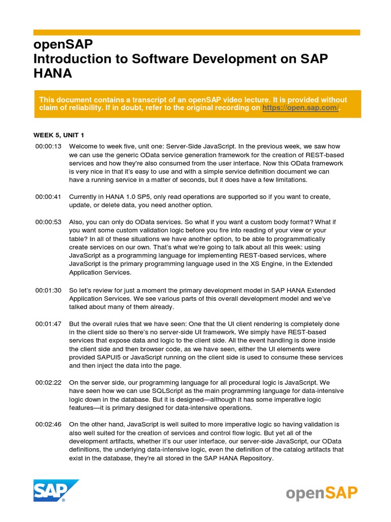 OpenSAP HANA1-1 Week 5 Transcripts | PDF | Java Script | Hypertext Transfer Protocol