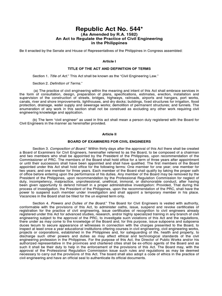 RA 544 Civil Engineering Law | PDF | Partnership | Profession