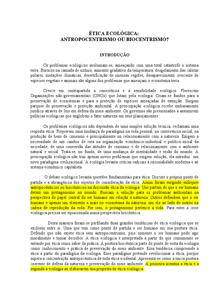 Tendências atuais de ética ecológica: antropocentrismo dúbil versus ...