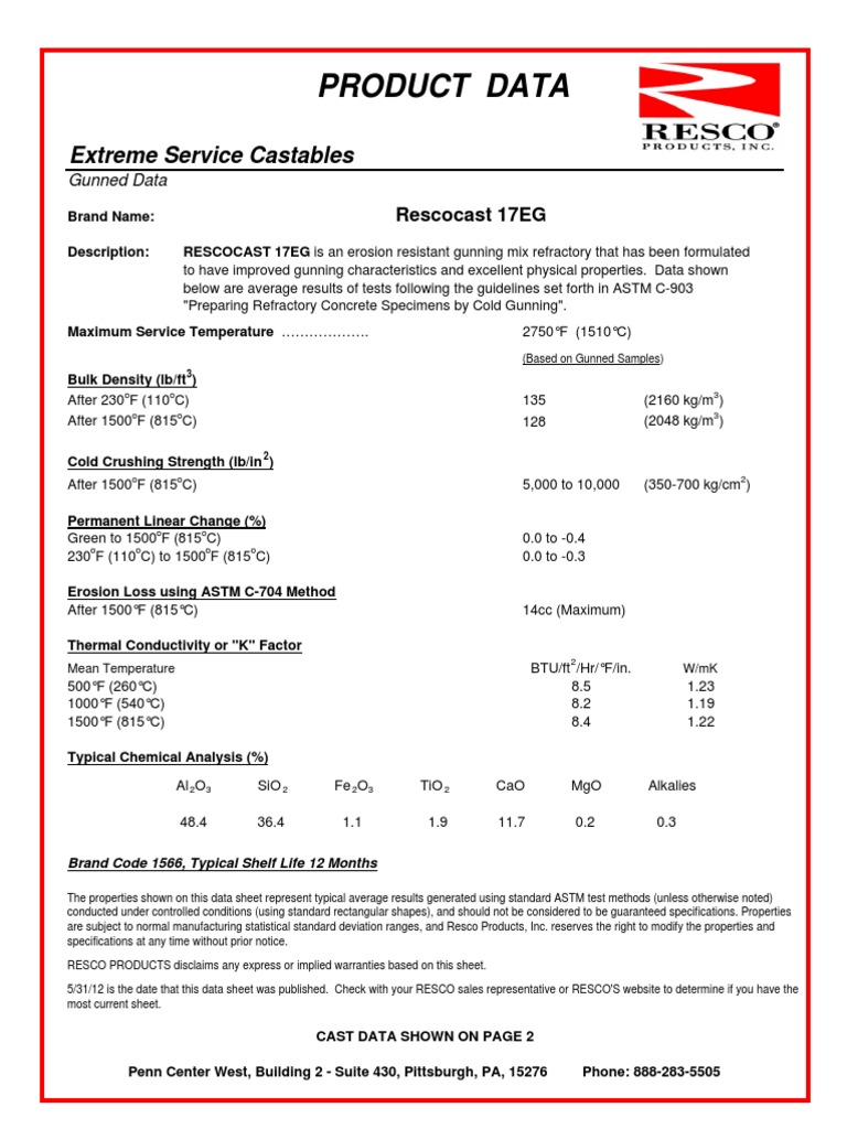 Product Data: Extreme Service Castables | PDF | Refractory | Materials
