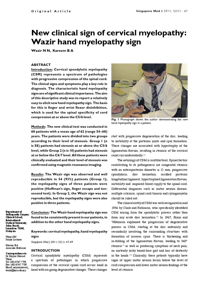 New Clinical Sign of Cervical Myelopathy: Wazir Hand Myelopathy Sign ...