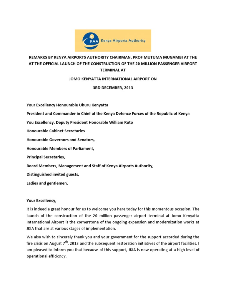 Remarks by Kenya Airports Authority Chairman, Prof Mutuma Mugambi at ...