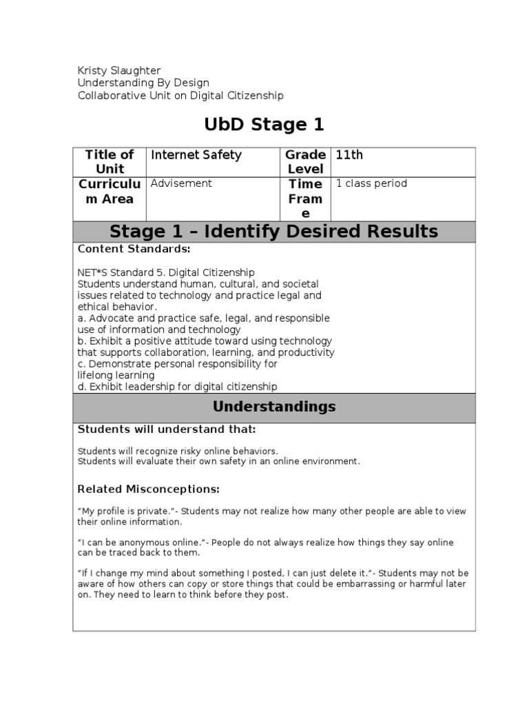 Ubd Stage 1: Title of Unit Grade Level Curriculu M Area Time Fram E ...