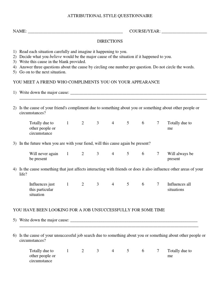 Attributional Style Questionnaire | PDF | Psychological Concepts ...