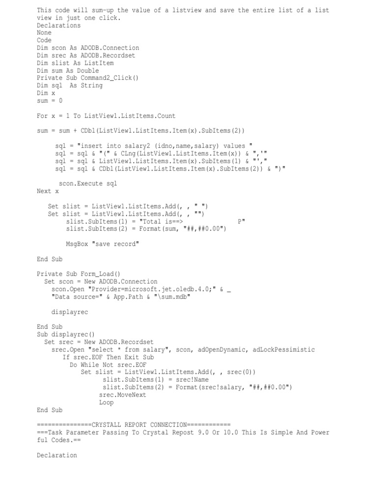 Code Will Sum-Up The Value of A Listview | Download Free PDF | Parameter (Computer Programming ...