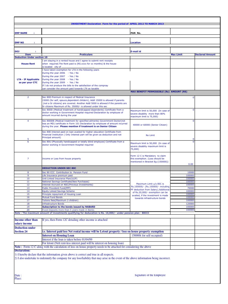 Investment Declaration Form 2012-13 PDF | Investing | Government