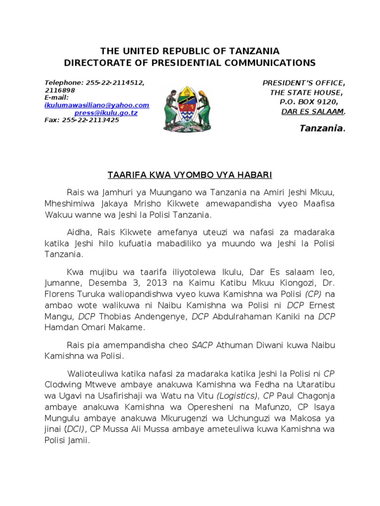 Rais Kikwete Apandisha Vyeo Maafisa Wa Polisi | PDF